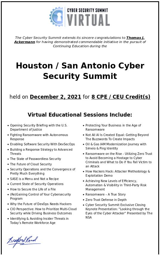 Houston Cyber Security Summit 02 DEC 2021 – Thomas J. Ackermann